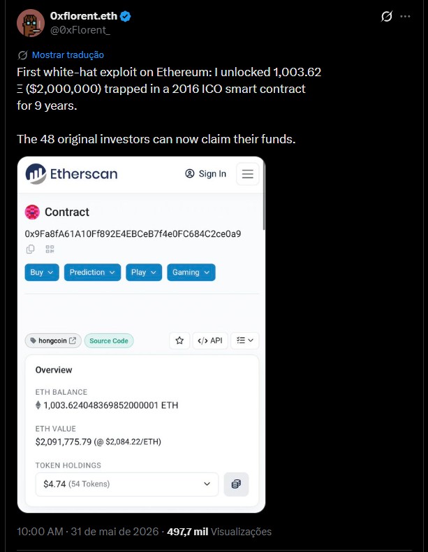 Hacker recupera milhões em Ethereum presos há quase 10 anos em contrato ...